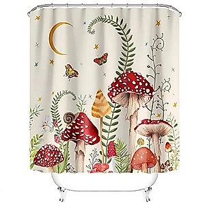 Pulch Ritudinous Retro Mushrooms Shower Curtain Sets with Non-Slip Rugs, Toilet Lid Cover and Bath Mat, Waterproof Moon Stars Bathroom Decor Butterfly Flower Mushroom Shower Curtains with 12 Hook