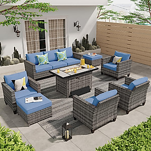 HOOOWOOO Patio Furniture Set,8 Piece Outdoor Furniture with Fire Pit Table,Wicker Patio Conversation Couch Chairs Ottoman Set,Denim Blue