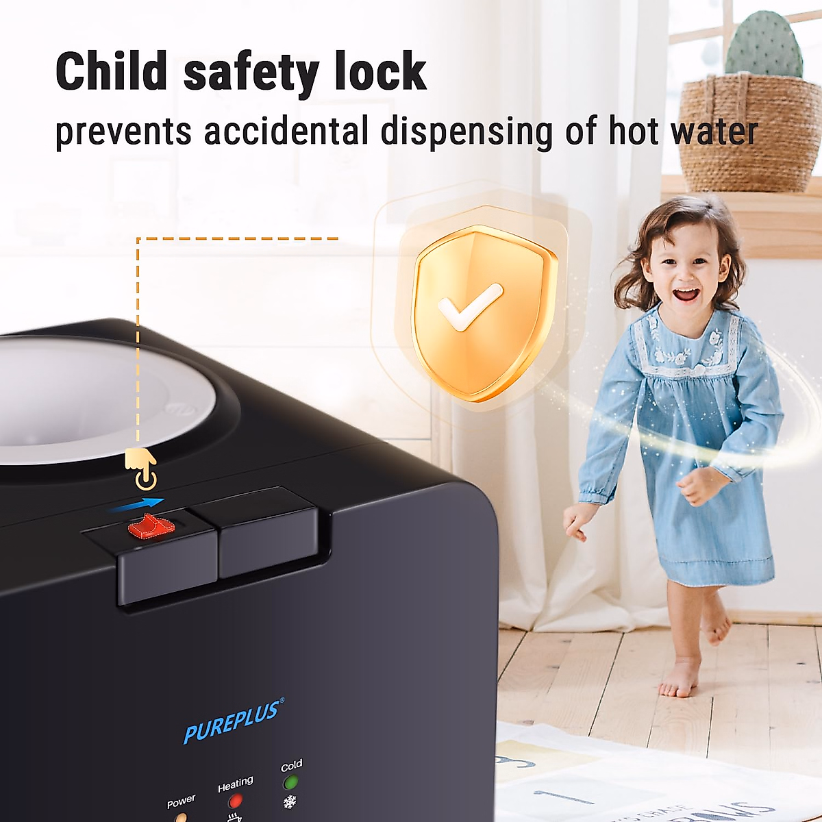 PUREPLUS WATERCOOLER Top Loading Water Dispenser, Hot, Cold & Room Temperature Water, Holds 3 or 5 Gallon Bottles, Child Safety Lock, Compression Refrigeration Technology, Black