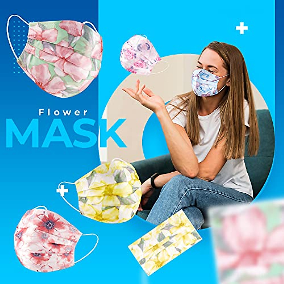 NiHealth 50-Pack Individually Wrapped Disposable Face Masks Tomorotec 3-Ply Colorful Breathable Non-Woven Masks (5 Flower Designs)