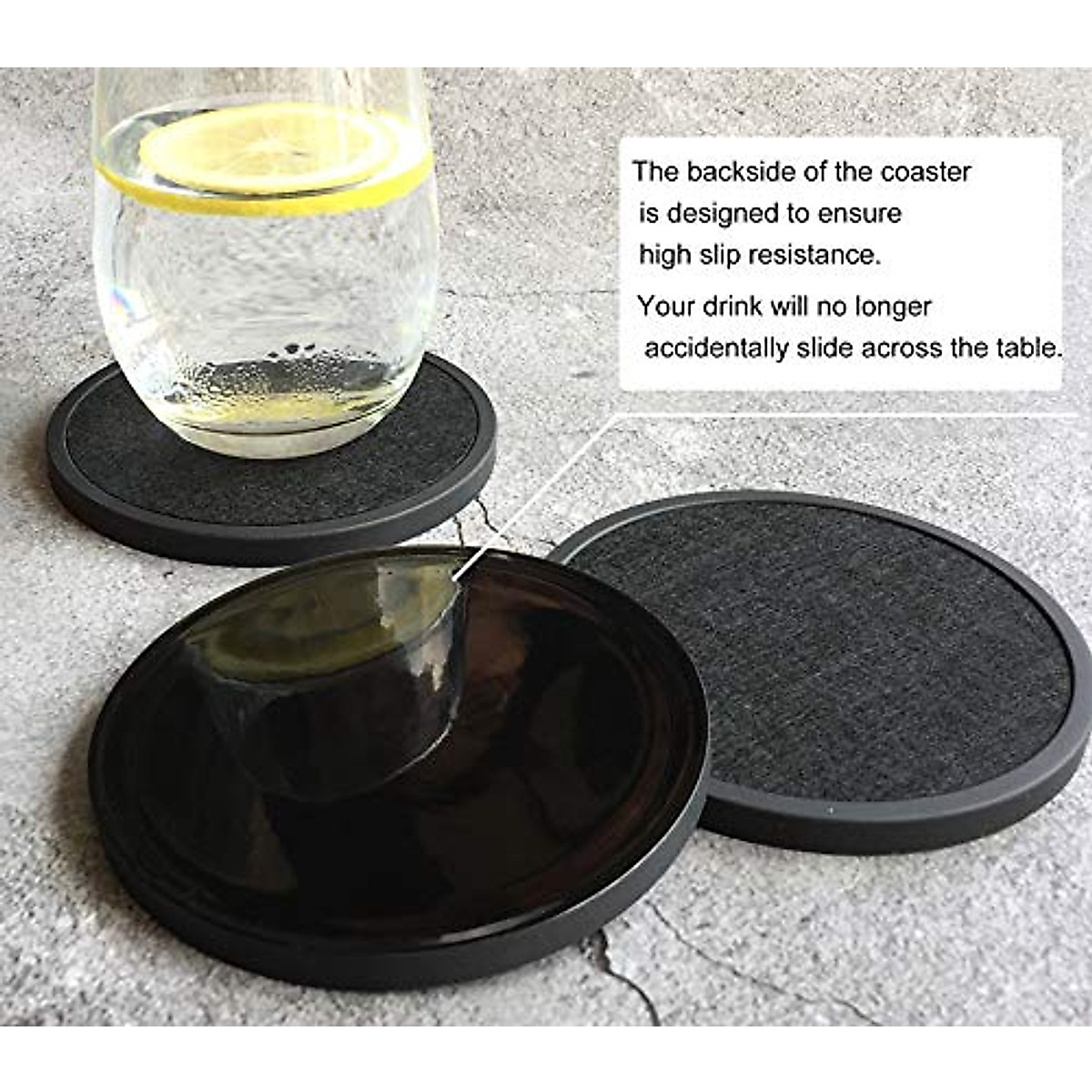 Absorbent Coasters for Drinks with Holder - 6packs, Silicone Coasters with Soft Felt Insert, Black (Coasters with Holder, Black)
