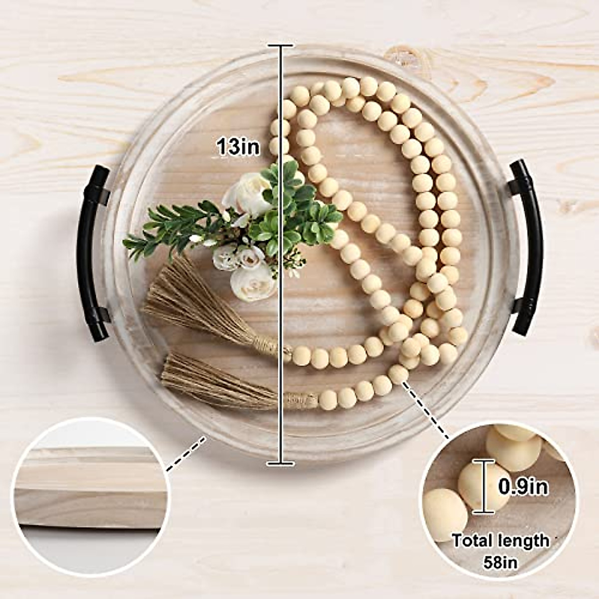 Round Wood Tray/w Wood Bead Garland - 13" Decorative Trays for Home Decor - Round Wooden Tray with Handles - Wooden Round Tray for Kitchen Counter.