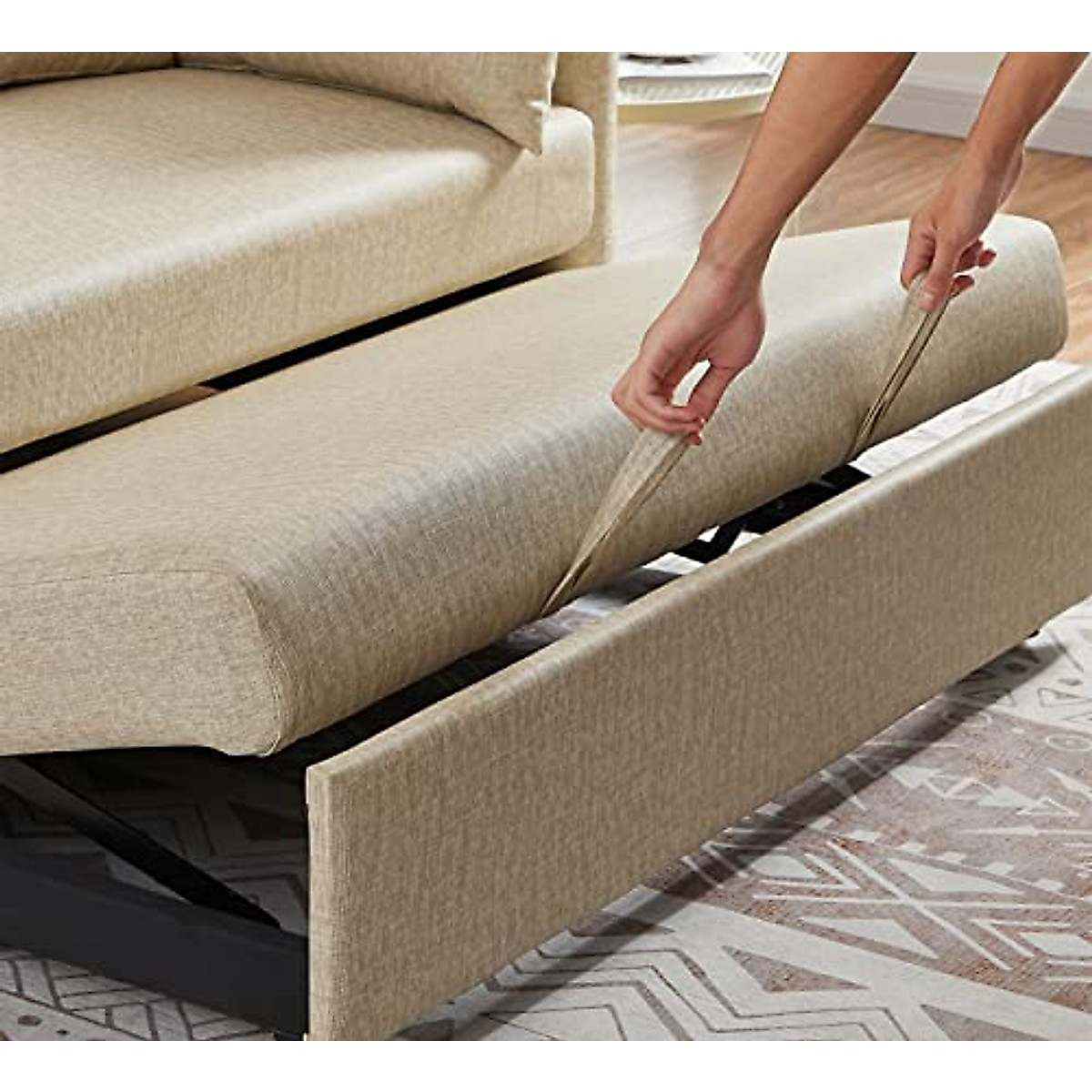 Melpomene Loveseat Sleeper Faux Leather Couch w/Pull-Out Bed and Adjustable Back, 57.1" Modern Convertible Sofa Bed w/ 2 Side Pockets and 2 Pillows (Khaki)