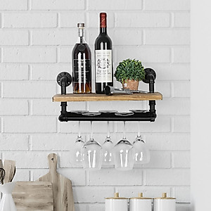 MyGift Industrial Black Metal Wine Glass Holder Wall Mount Rack with Display Shelf, Decorative Bar Stemware Hanger with Burnt Wood Floating Shelf - Holds 6 Glasses