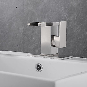 LOOPAN Led Waterfall Bathroom Faucet One Hole Single Handle,3 Colors Changing Waterfall Spout Brushed Nickel Faucet for Bathroom Sink Mount Vanity Faucet Lead-Free for Commercial Residentia