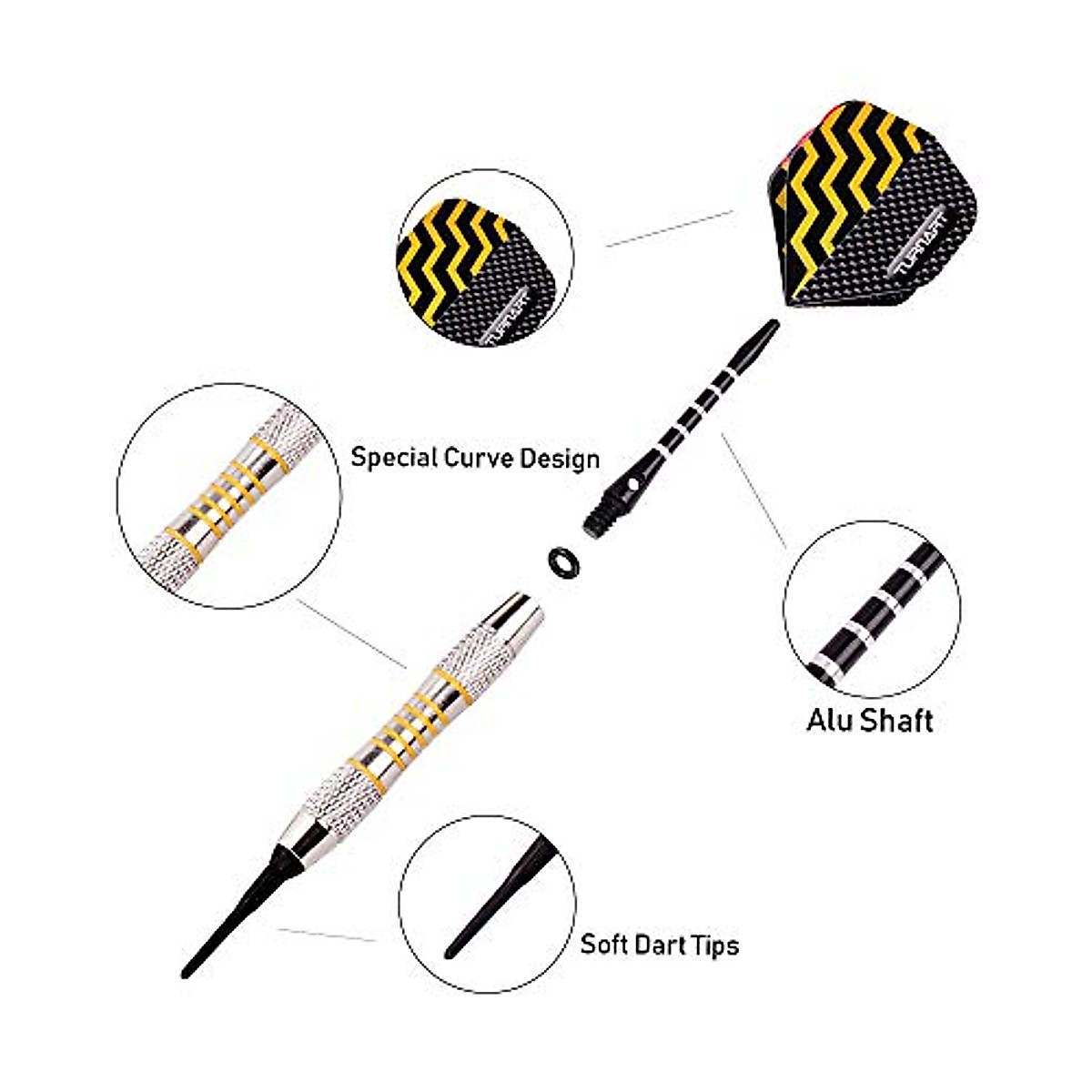 Turnart Darts Plastic Tip - Professional Soft Tip Darts Set for Electronic Dartboard 9 Pcs 18 Grams with 50 Extra Tips 9 Shafts 27 Flights Tool Kit Flight Protectors and Gift Darts Case (Color)