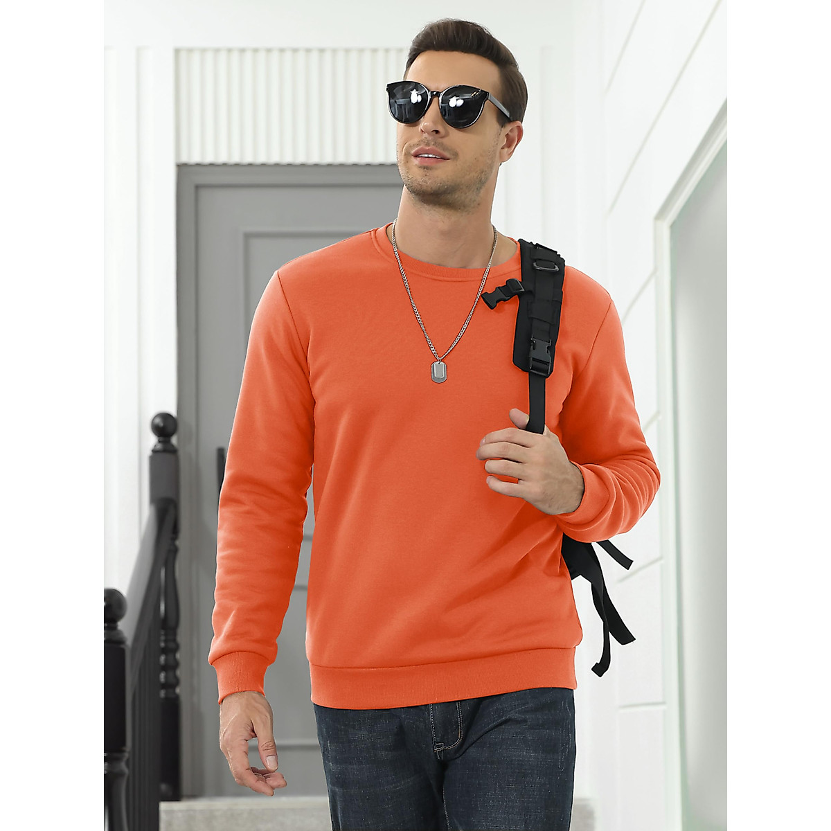 MAGCOMSEN Winter Sweatshirts For Men Crewneck Tops Thick Cotton Sweatshirts Sherpa Tops Sweatshirt Fleece Lining Casual Warm Sweatshirts Bomber Sweatshirts Pullover Orange