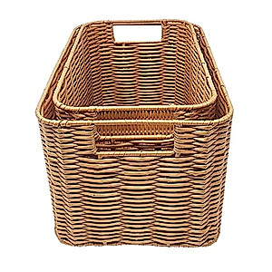 KOVOT Storage Woven Baskets Wicker Storage | Set of 2 Poly-Wicker Storage Baskets with Built-in Carry Handles | Laundry Storage Pantry Baskets Woven Polypropylene | 12"L x 8"W x 7"H & 11"L x 7"W x 7"H