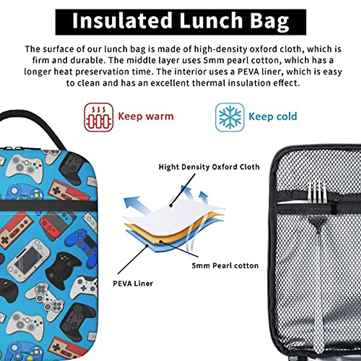 Gbuzozie Video Game Controller Background Lunch Bag Insulated Portable Reusable Gaming Theme Lunch Box With Zipper For Women Men Picnic Beach