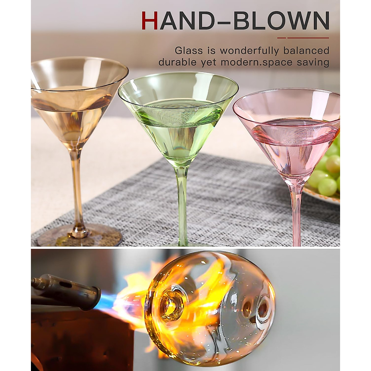 Physkoa Valentine's Day Gifts-Colored Martini Glasses Set | 7oz | Hand Blown Crystal Martini Glasses | Art Deco Cocktail Glasses Set | Versatile Tall Cocktail Glasses | Colorful Cocktail Glass