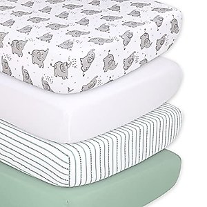 The Peanutshell Elephant Fitted Crib Sheet Set - 4 Pack - Grey, White & Green