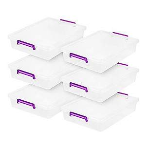 IRIS USA 6 Qt. Large Flat Plastic Modular Storage Bin Tote Organizing Container, 6 Pack, Clear and Purple & IRIS USA, Inc. IRIS Slim Portable Project Case, 10 Pack, Clear (586390)