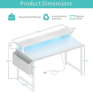 Lufeiya White Computer Desk with LED Lights and Power Outlets, 40 Inch Home Office Desks with Monitor Stand, Teen Writing Study Table Gaming Desk with Charging Station, White