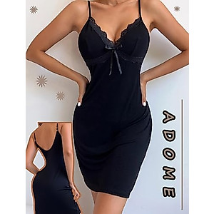 ADOME Women Slip Lingerie Lace Chemise Babydoll Nightgown V-Neck Full Slip Dress Black