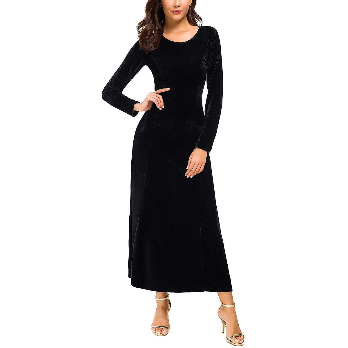 Urban CoCo Women's Elegant Long Sleeve Ruched Velvet Stretchy Long Dress (XL, Black)