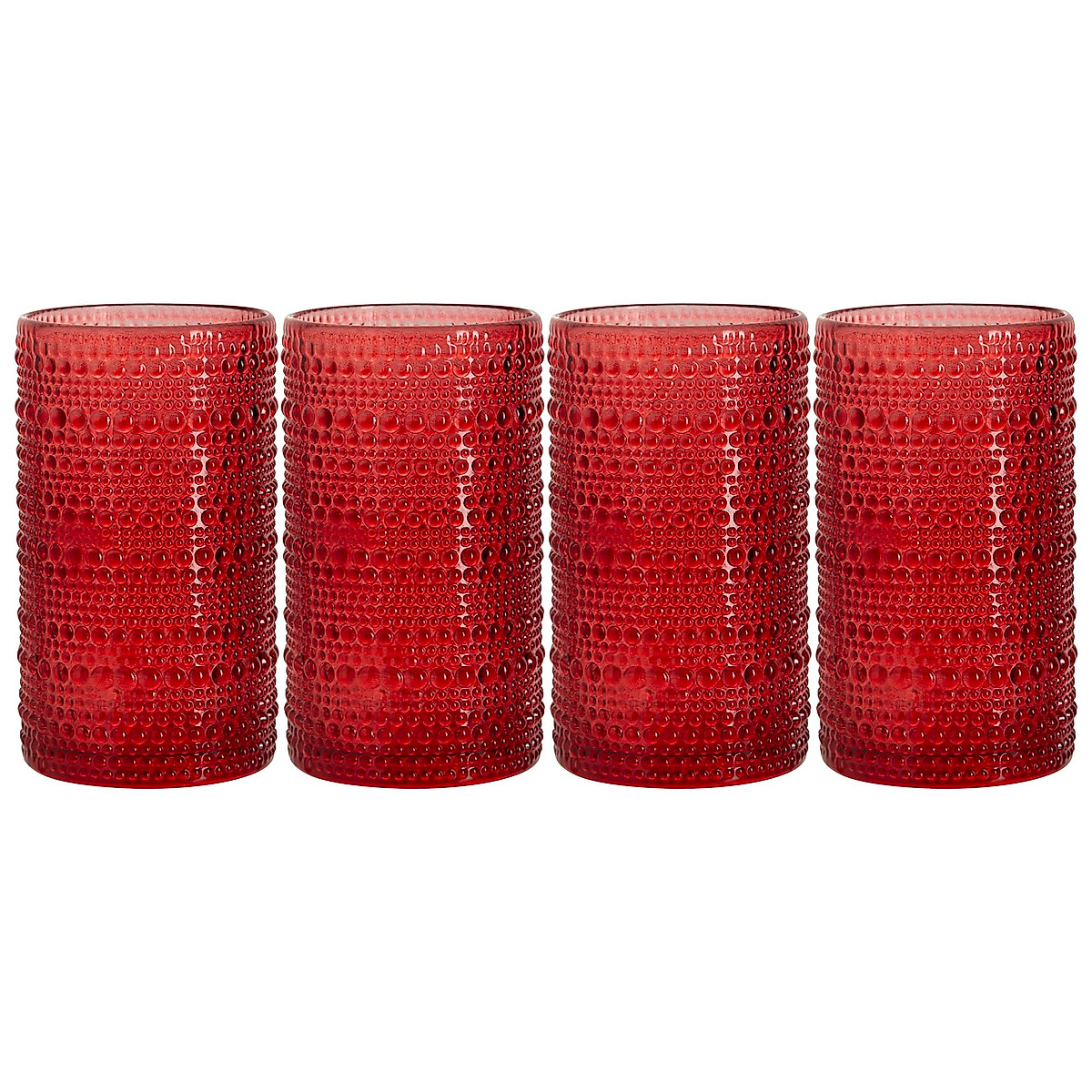 Glaver's Hobnail Drinking Glasses Set of 4 Red Vintage Glassware. 15 Oz. Everyday and Holiday Dinner Beaded Drinking Glasses for Water, Juice, Cocktail.