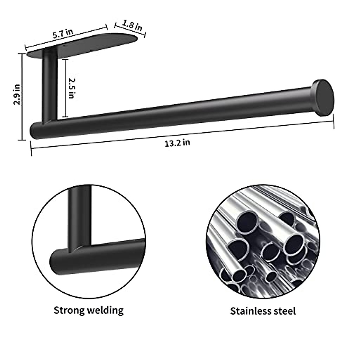 Wall Mount Paper Towel Holder 13.2 Inch Under Cabinet Paper Towel Holder Self Adhesive or Drilling Under Counter Paper Towel Holder for Kitchen,Bathroom,Cabinet Stainless Steel SUS304(Black)