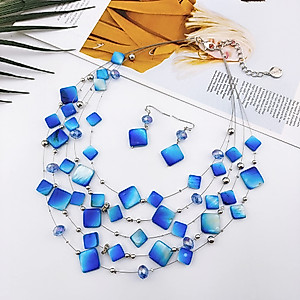 Coiris 5 Layer Illusion Wire Gradient Color Shell Beaded Statement Necklace for Women(N0021-Blue)
