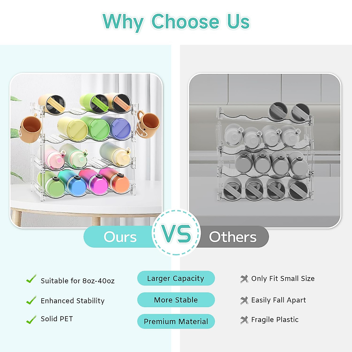 PouHenier.jh 4 Tier Large Water Bottle Rack Organizer for Cabinet, Stackable Tumbler Storage Organization Holder with 2 Hooks for Kitchen Countertop and Refrigerator, Compatible with 40 oz (Hold 16)