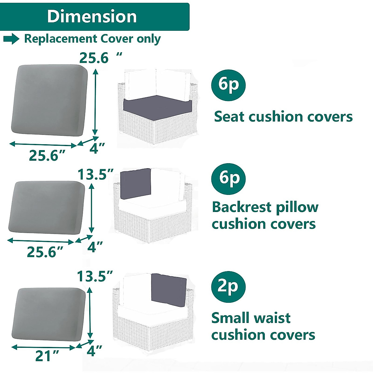 TECOSARA Outdoor Cushion Covers Replacement 14 Pcs Patio Cushion Covers fit for 7Pieces 6-Seater Wicker Rattan Sectional Couch Sofa Outdoor Cushion Slipcovers Set Seat and Back Cover Only, Grey