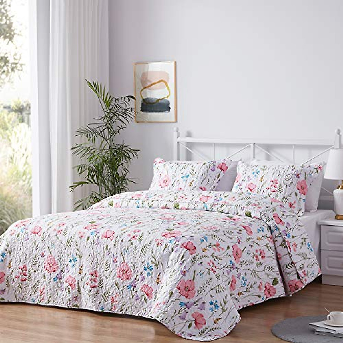 SunStyle Home Quilt Set Queen Size, Lightweight Microfiber Soft Coverlet Reversible Quilted Pattern Summer Quilt Bedspreads Comforter Set for All Season, 3 Piece Includes 1 Quilt + 2 Shams