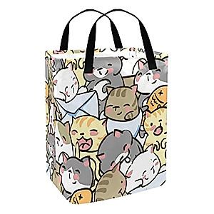 Cute Cats Doodle Print Collapsible Laundry Hamper, 60L Waterproof Laundry Baskets Washing Bin Clothes Toys Storage for Dorm Bathroom Bedroom