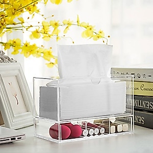 Modern Clear Acrylic Cosmetic Organizer with Pull Out Makeup Storage Drawer with Tissue Box Dispenser - Countertop Bathroom Supplies Holder