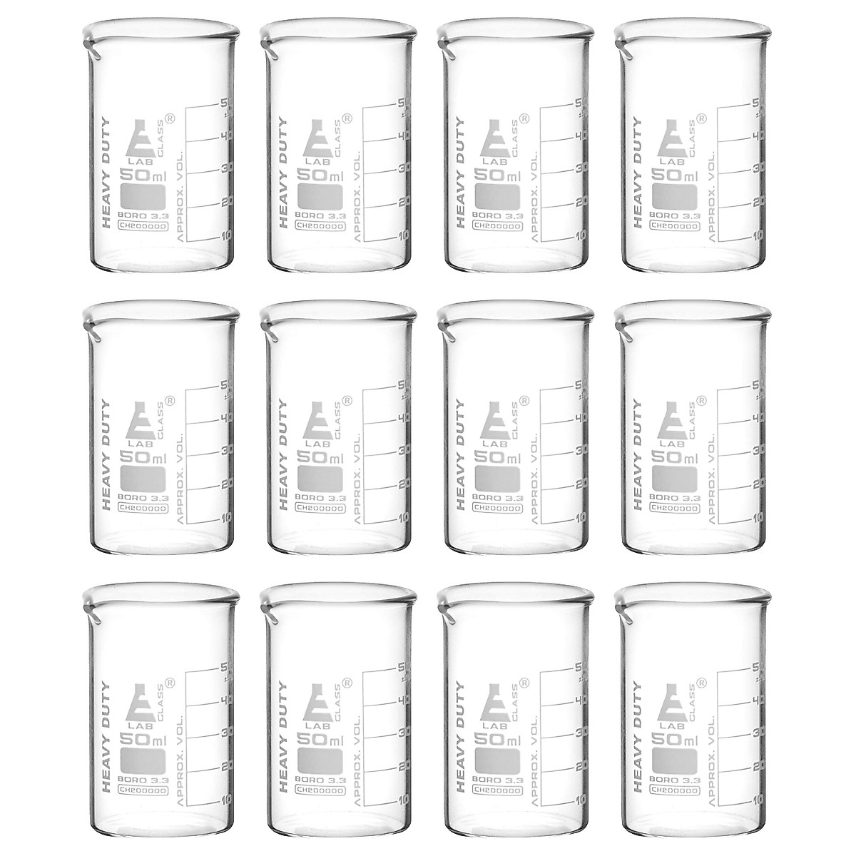 EISCO 12PK Heavy Duty Beakers, 50ml - 5mm Thick, Uniform Walls - Superior Durability & Chemical Resistance - White Graduations - Borosilicate 3.3 Glass