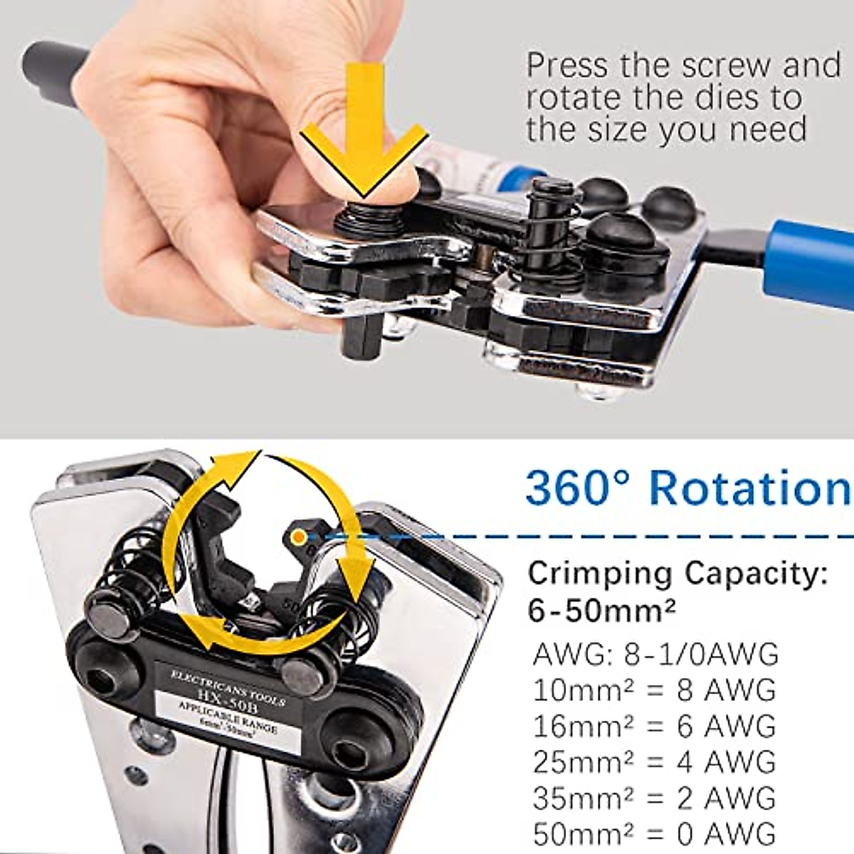 Battery Cable Crimping Tool Battery Terminal Crimper Battery Lug Crimper for Heavy Duty Wire Lug AWG 8-1/0 Electrical Lug Crimper with Cable Cutter and 12PCS Copper Lugs, Battery Cable Crimper