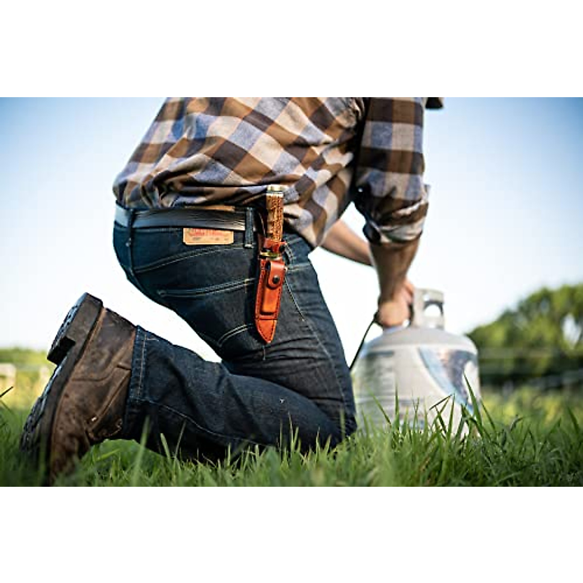 Uncle Henry 153UH Next Gen Golden Spike Knife with 5in High Carbon S.S. Fixed Blade, Staglon Handle, Sharpening Stone, and Leather Belt Sheath for EDC, Hunting, Survival, Camping and Outdoors,Brown