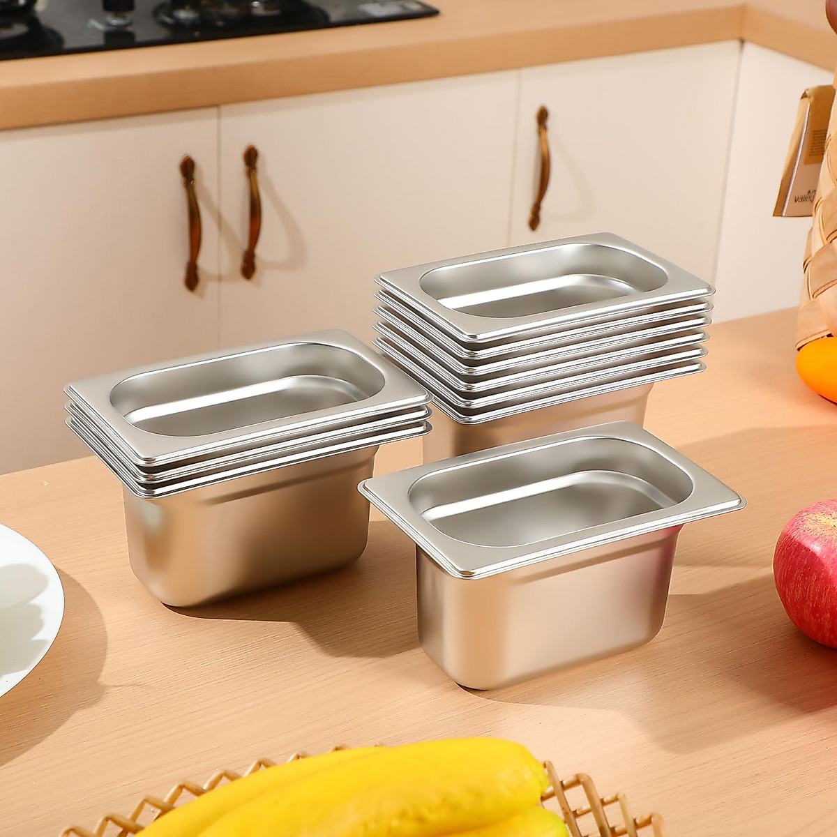Thenshop 10 Pcs 1/9 Size 4 Inch Deep Hotel Pan Stainless Steel Steam Table Pan Commercial Metal Food Catering Tray for Hotel, Restaurant, Buffet, 0.8 mm Thick, 6.9 L x 4.3 W (European Style)