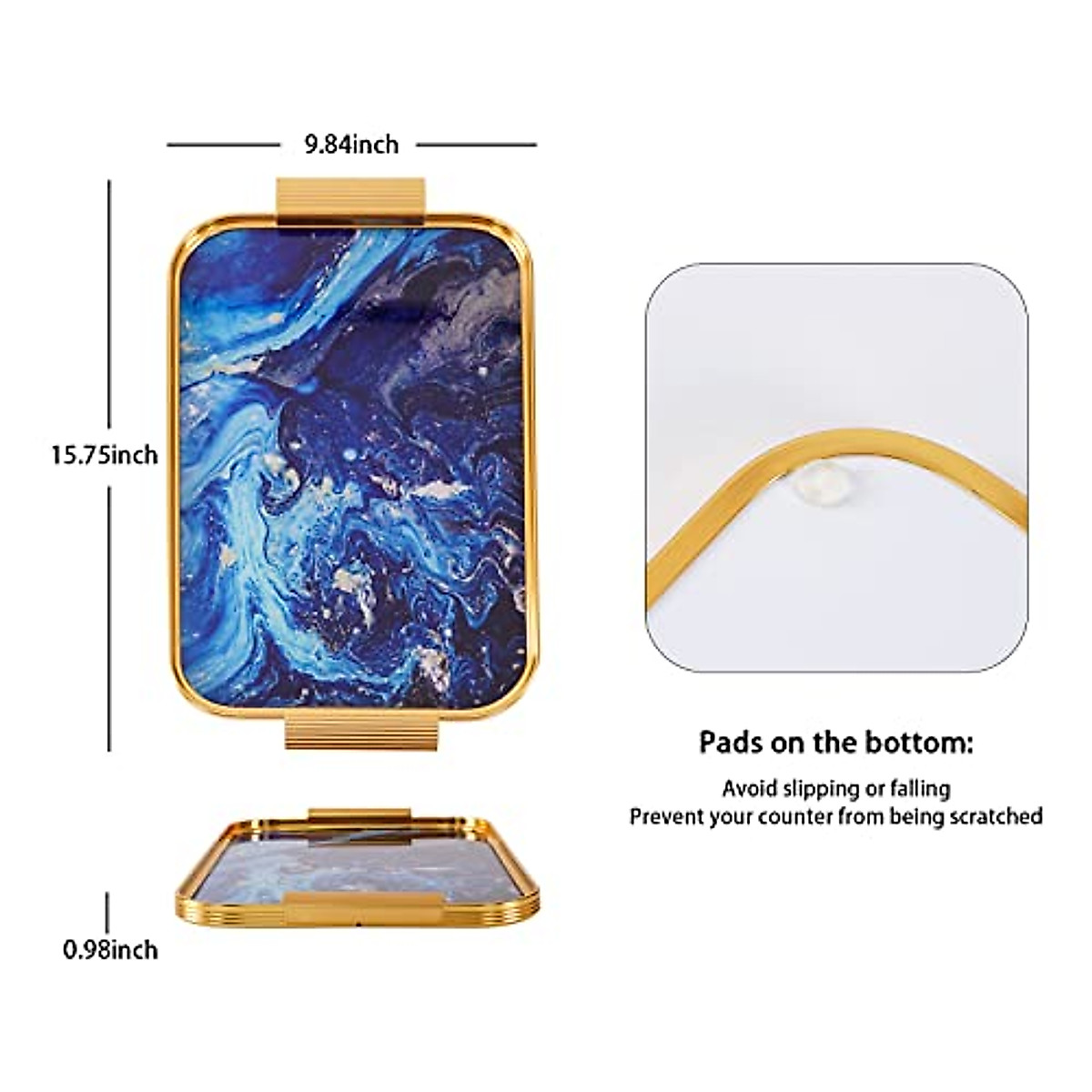 Dalimfun Glass Decorative Tray, Blue Marbling Serving Tray with Handles, Rectangular Coffee Table Tray, Decor Tray for Ottoman, Bar, Vanty, Makeup Perfume Organizer, 15.6 X 10 Inch