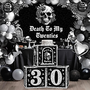 Death to My 20s Decorations 30th Birthday Decorations Boxes for Her Him, Rip to My 20s Balloon Blocks Black Balloon Boxes with Letters for Funeral for My Youth Dirty 30 Birthday Party Supplies