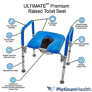 Ultimate Raised Toilet Seat with Handles, Padded, Armrests, Adjustable Height, Premium Elevated Toilet Seat for Elderly Bathroom Safety with Arms, Standard and Elongated Toilets, Blue