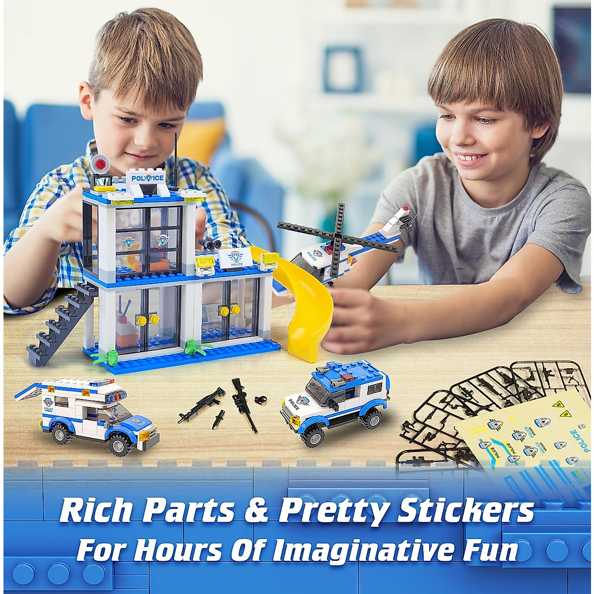 WishaLife City Police Station Building Kit, Includes 4 Police Cars & 2 Helicopter Toy, Gifts for 6 Plus Year Old Kids, Boys & Girls