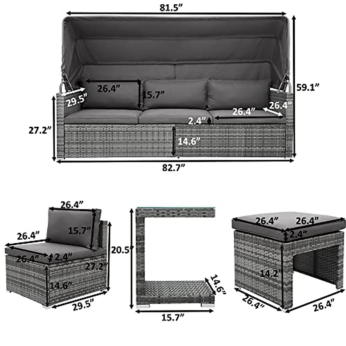 EMKK 5 Pieces Outdoor Patio Sofa Set Rattan Daybed,Sectional PE Wicker Conversation Furniture w/Canopy and Tempered Glass Side Table, C-Gray