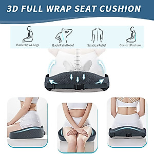 Memory Foam Seat Cushion & Lumbar Support Pillow for Office Chair Car Wheelchair, 3 Piece Chair Cushion Set with Adjustable Straps for Lower Back, Tailbone, Sciatica, Hip Pain Relief, CertiPUR-US