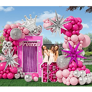 173PCS Princess Pink and Silver Balloon Garland Arch Kit with Explosion Star Silver Crown Balloon for Barbie Theme Birthday Party Decorations Baby Shower girl's Birthday Princess Party Decorations