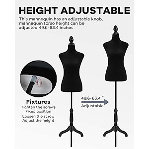 Mannequin Body, Mannequin Torso Mannequin Stand Dress Form 49.6-63.4 Height Adjustable Maniquins Body Female, Portable Displays Women for Sewing Wooden Tripod Base, Foam Body (Black)