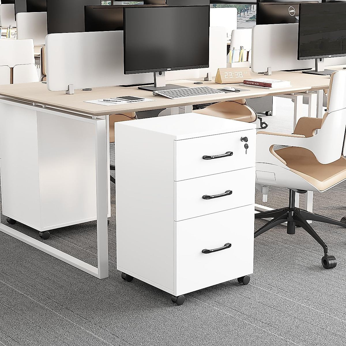 NEWSENDY Rolling File Cabinet: Slim White File Cabinet with Lock, 3-Drawer Under Desk Office Filing Cabinet for Letter/Legal Size Documents, Ideal for Home Office