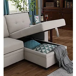 Wakefit Sectional Sofa Couch, 4-in-1 Sleeper Sofa Bed with Reversible Storage Chaise Pull Out Couch for Living Room | Hidden Stroge | Pull Out Bed | Removable Backrest | Linen Fabric, Beige