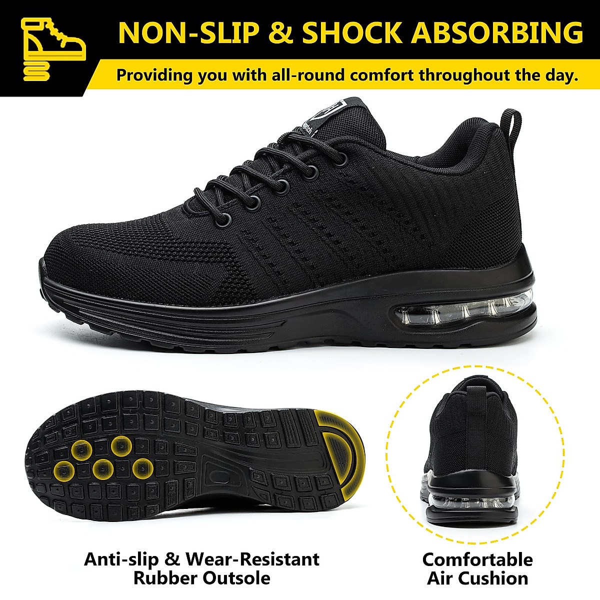 SOGETCH Steel Toe Shoes for Men Women Lightweight Comfortable Work Shoes Indestructible Slip Resistant Safety Shoes for Construction Black 11.5 US Women/10 US Men CN 43