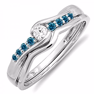 Dazzlingrock Collection 0.25 Carat (Ctw) 10k Round Blue & White Diamond Women Bridal Promise Engagement Wedding Set Ring with Matching Band in White Gold, Size 8