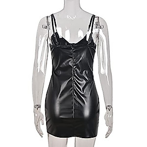 Eilova Orityle Women PU Leather Dress Skirt Sexy Latex Dress Crucifix Wrap Hip Bodycon Mini Dresses Black