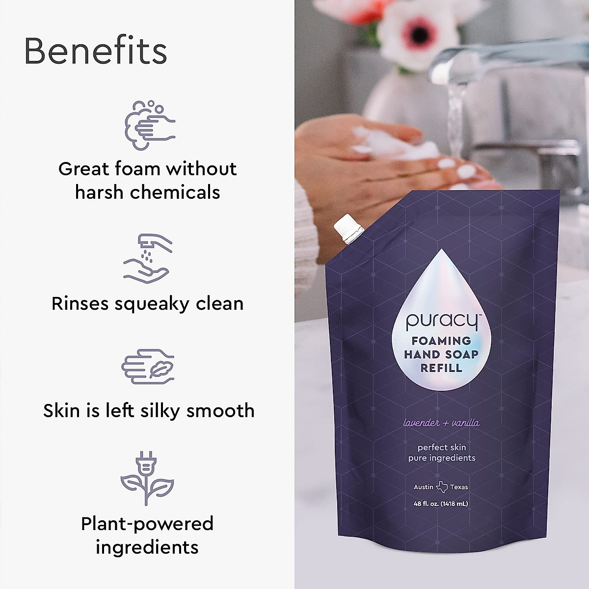 Puracy Foaming Hand Soap Refill - Plant-Powered Natural Hand Soap As Seen on TikTok, Non-Toxic, Sulfate-Free Liquid Soap, Moisturizing Foam Handwash Liquid (Lavender & Vanilla, 48 fl oz)