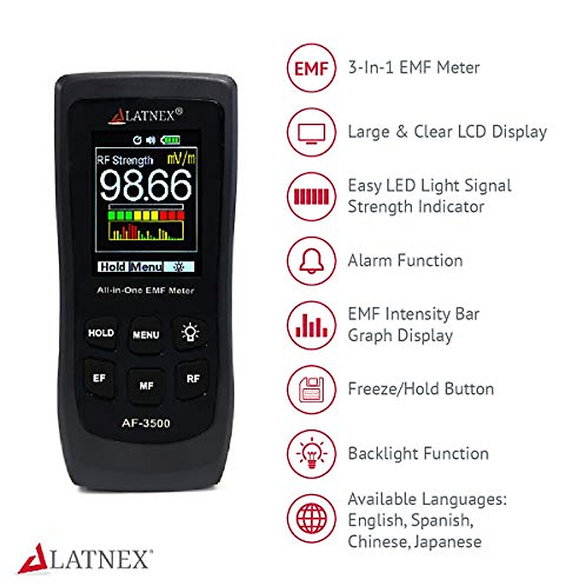 AF-3500 EMF Meter RF Detector and Reader with Calibration Certificate - Measures High and Low EMF Emissions from Cell Phones Towers, Smart Meters, Modems, Power Lines, Appliances, Electrical Boxes