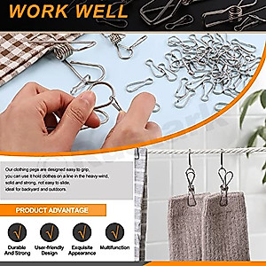 Rustark 145Pcs Stainless Steel Clothespin Clips with Spring Hooks Assortment Kit Heavy Duty Multipurpose Metal Wire Utility Clips Windproof Clothes Pegs for Outdoor Clothesline Home Kitchen