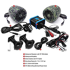 GoHawk TJ4-W Camo Green Waterproof Amplifier 4" Full Range Bluetooth Motorcycle Stereo Speakers 1 to 1.25 in. Handlebar Mount Audio Amp System Harley Touring Cruiser ATV 4-Wheeler, USB, AUX, FM Radio
