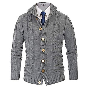 Mens Stand Collar Cardigan Button Down Slim Fit Cable Knitted Sweater Gray 2XL