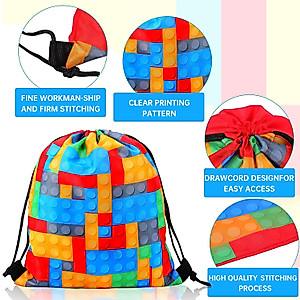 12PCS Building Blocks Drawstring Gift Bags,Building Blocks Drawstring Backpack Party Favor Bags,Kids Birthday Goodie Bags Candy Treat Gift Bags for Boys Girls Building Blocks Party Supplies,10x12 inch